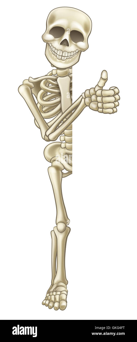 A happy skeleton cartoon character peeping around the side of a sign ...