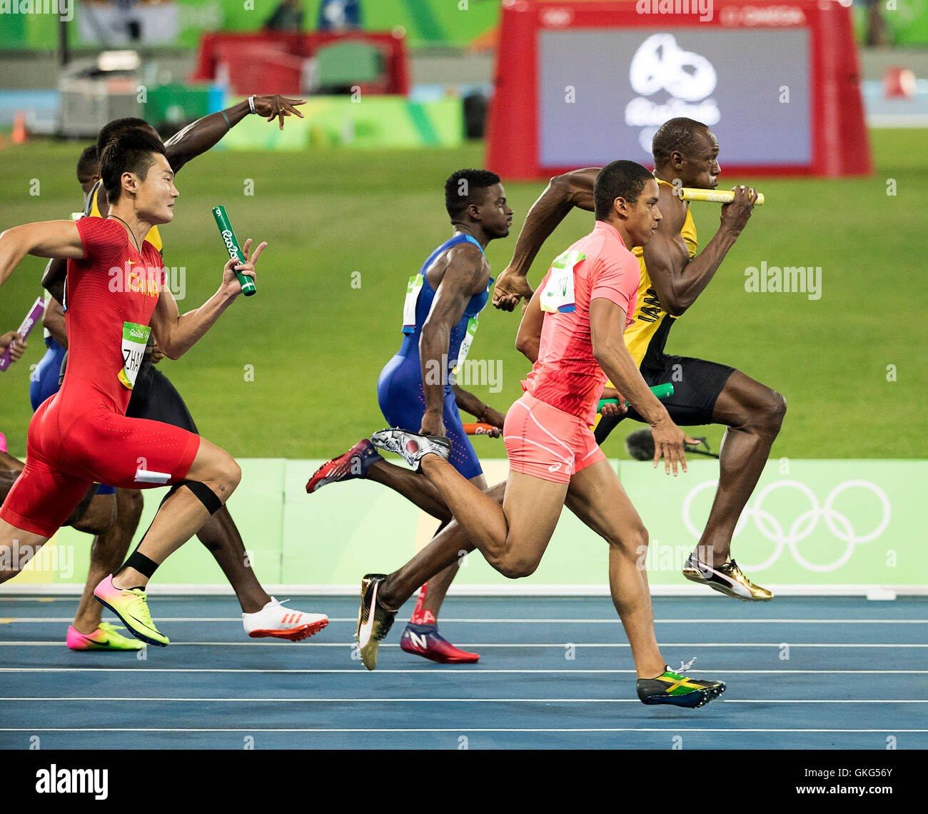 Rio de Janeiro, RJ, Brazil. 19th Aug, 2016. OLYMPICS ATHLETICS: Usain Bolt (JAM) takes the baton ...