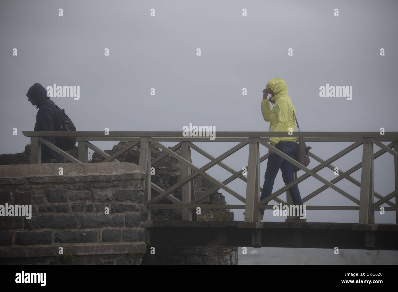 A woman walking over a wooden bridge in strong Gales. Credit: Ian Jones ...