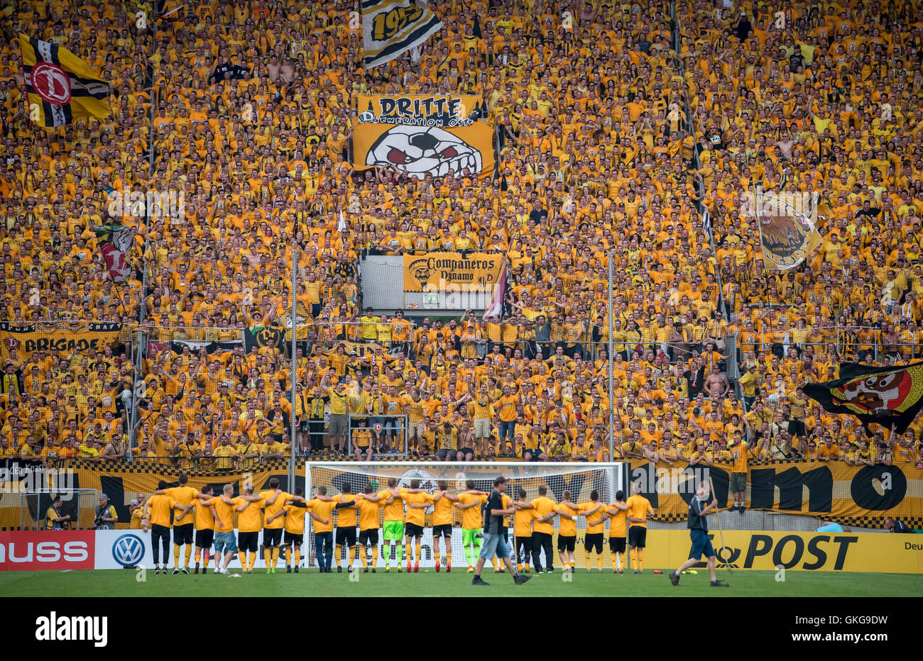 Dresden's team celebrates with their fans after the DFB Cup soccer ...