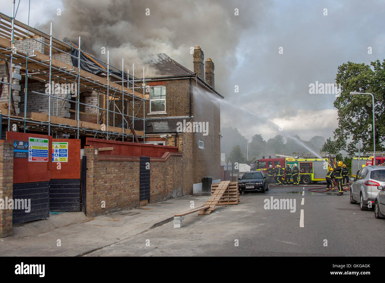 Ilford, London, UK. 20th August, 2016. six fire engines and a height ...
