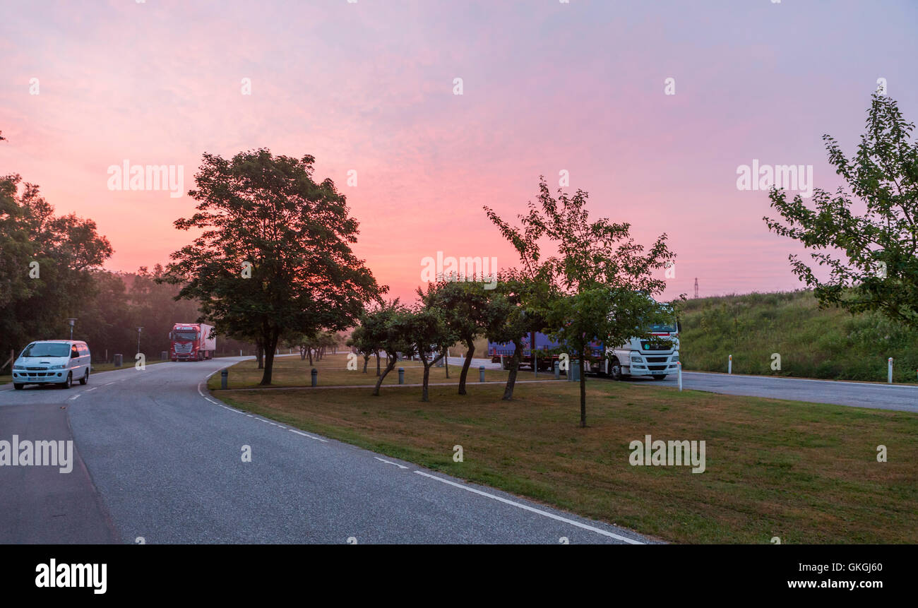 Dawn at an Aire in France. These layby parking areas are often equipped ...