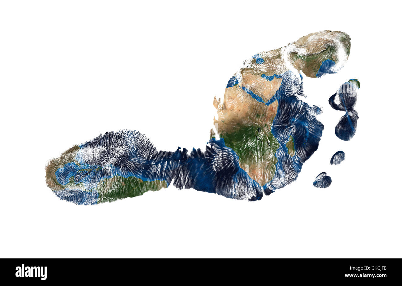 Real imprint of child foot combined with a map of our blue planet Earth ...