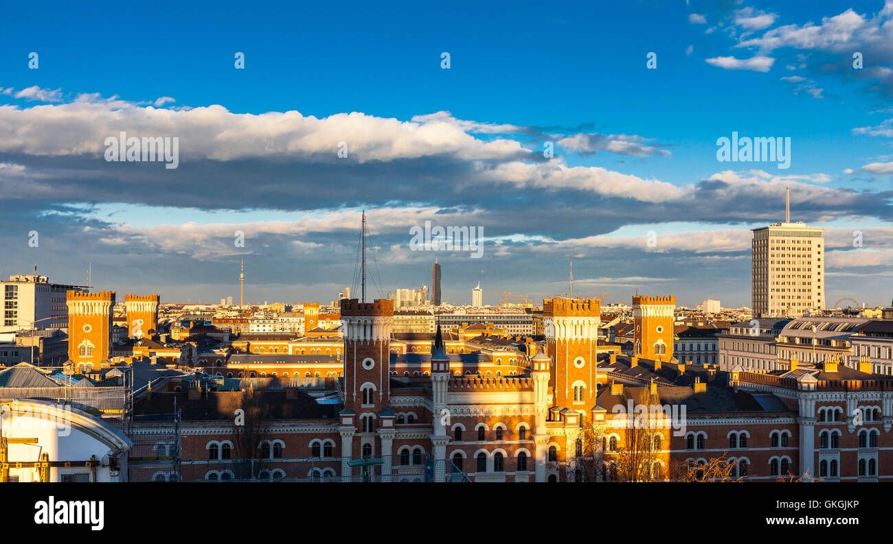 Vienna Skyline with many landmarks like the Millennium Tower, Danube ...