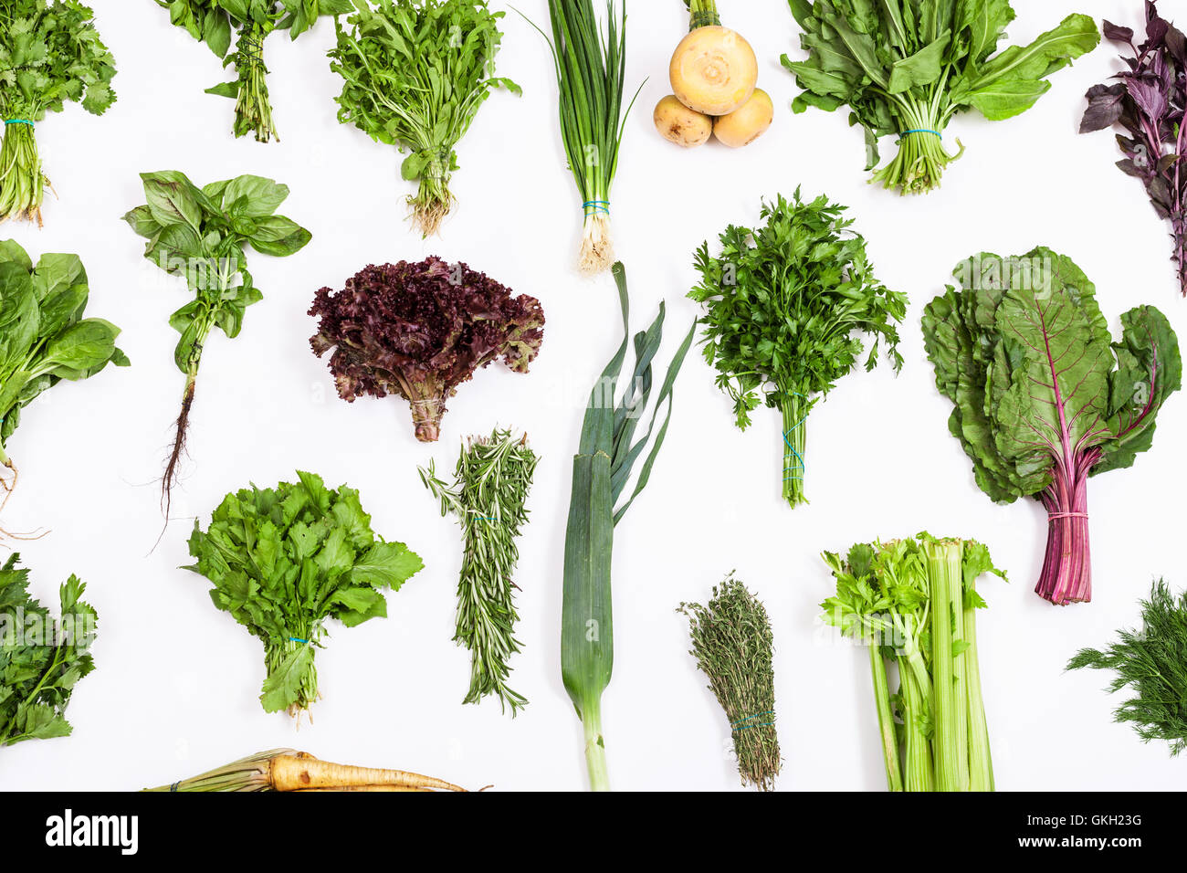 set from bunches of fresh kitchen herbs (chives, beet tops, turnip ...