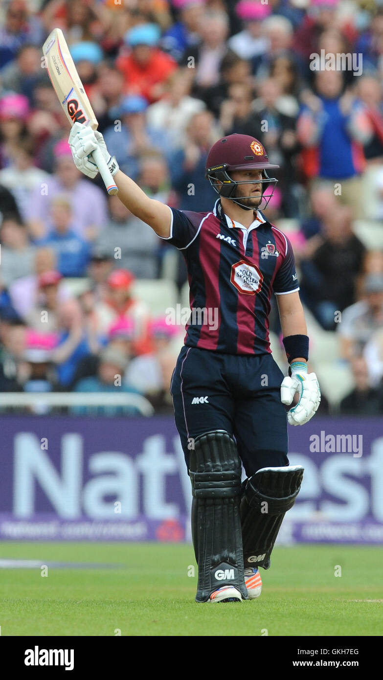 Northamptonshire Steelbacks Ben Duckett celebrates after reaching a ...