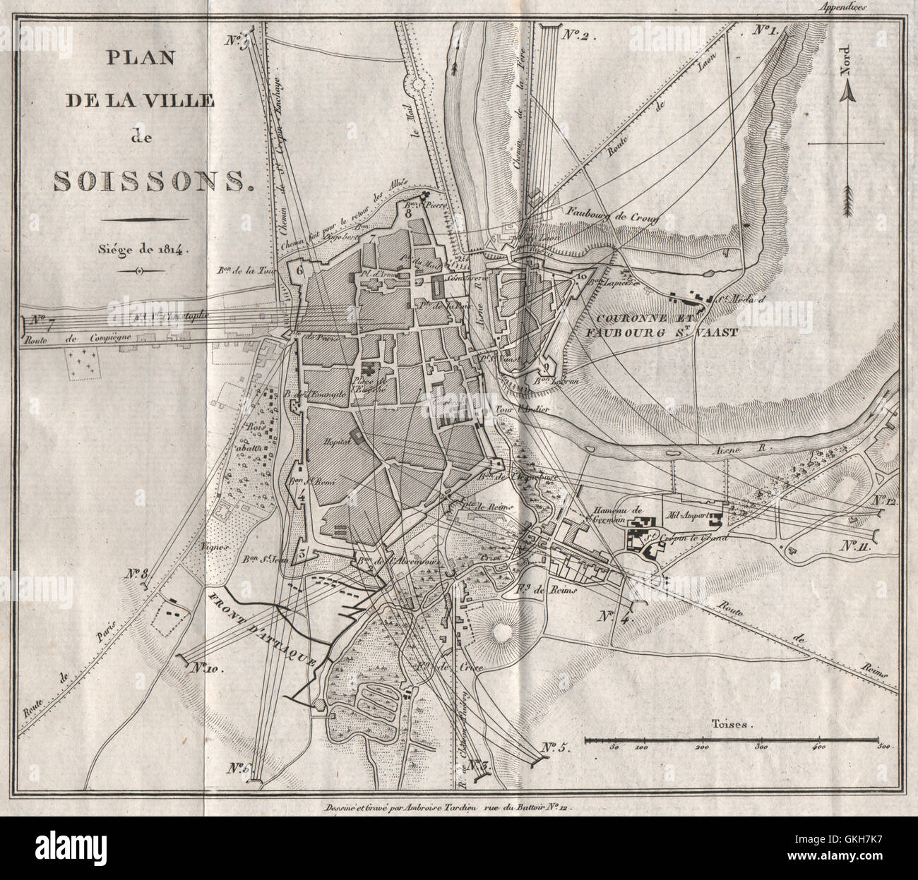 Siege of SOISSONS 1814. City plan. Aisne, 1821 antique map Stock Photo ...