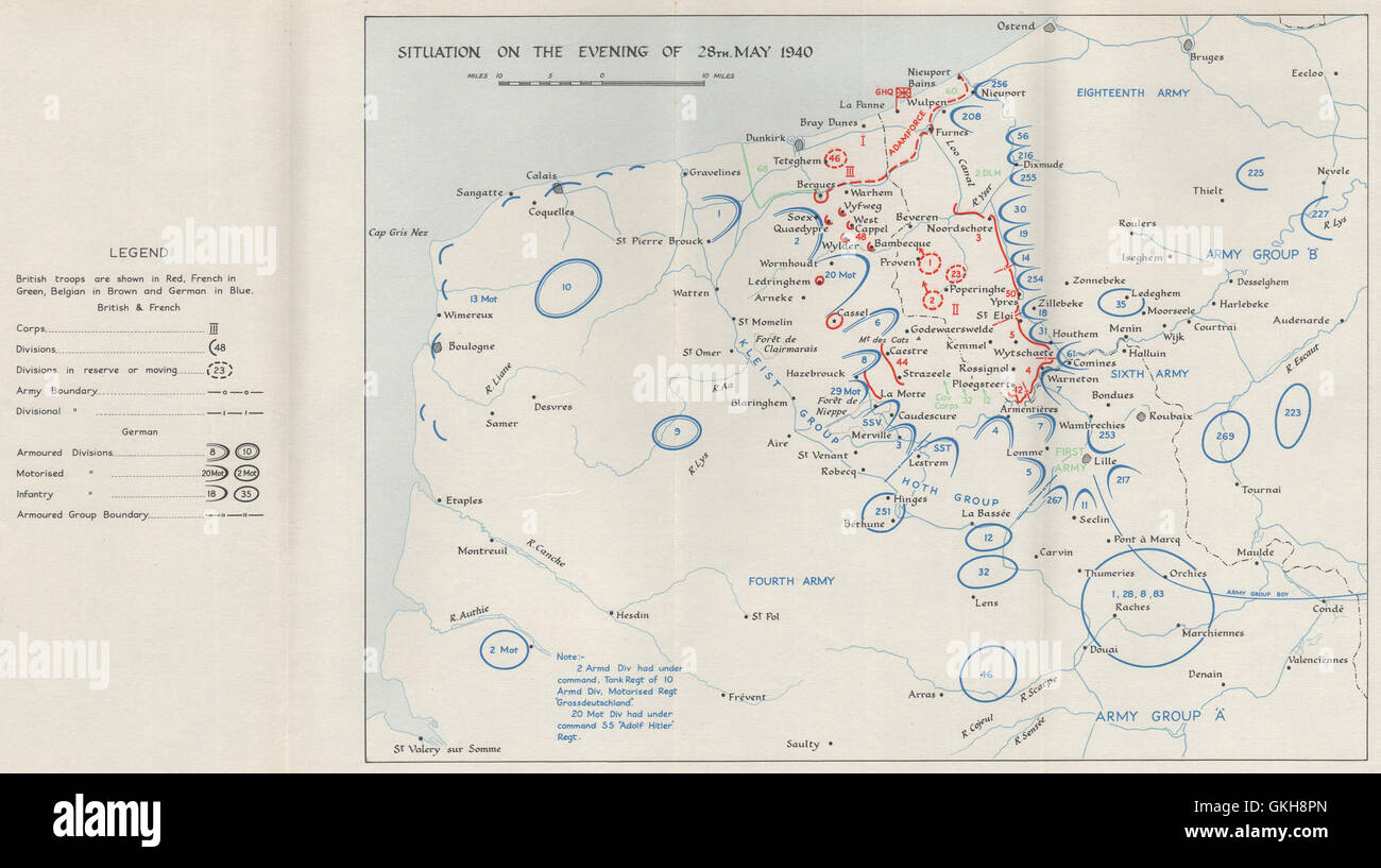 DUNKIRK EVACUATION. 28 May 1940 troop positions. Operation Dynamo. HMSO ...