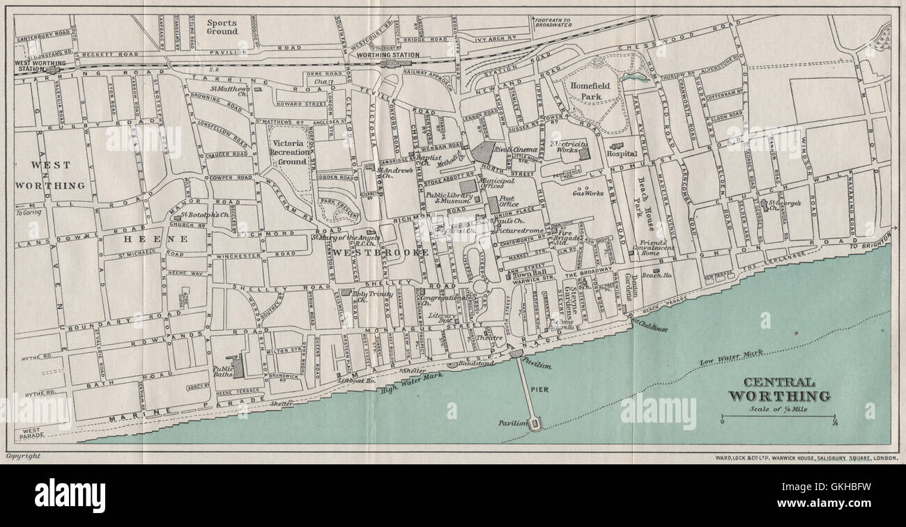 CENTRAL WORTHING vintage town/city plan. Sussex. WARD LOCK, 1933 ...
