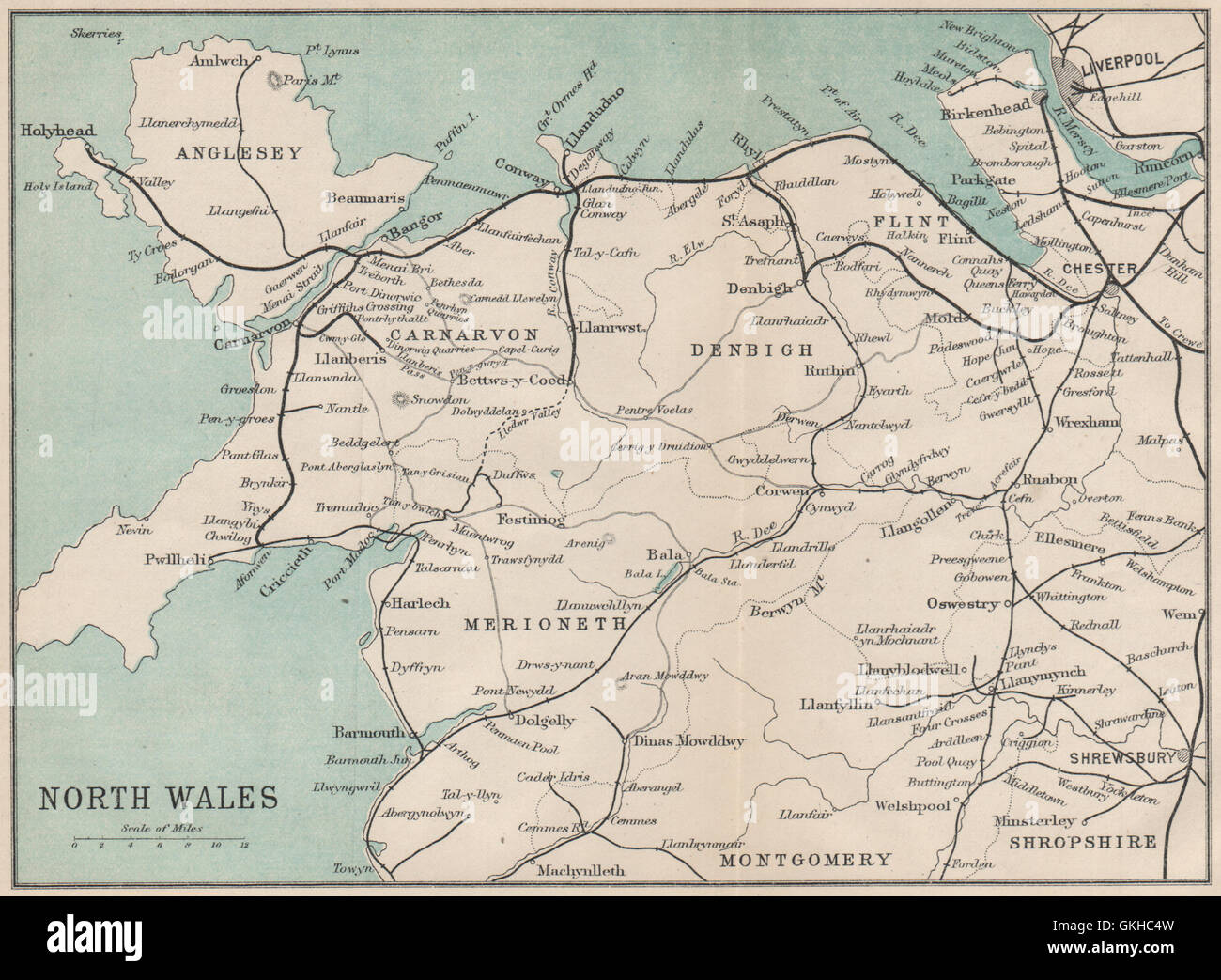 NORTH WALES. Rhyl Flint. WARD LOCK, 1893 antique map Stock Photo - Alamy
