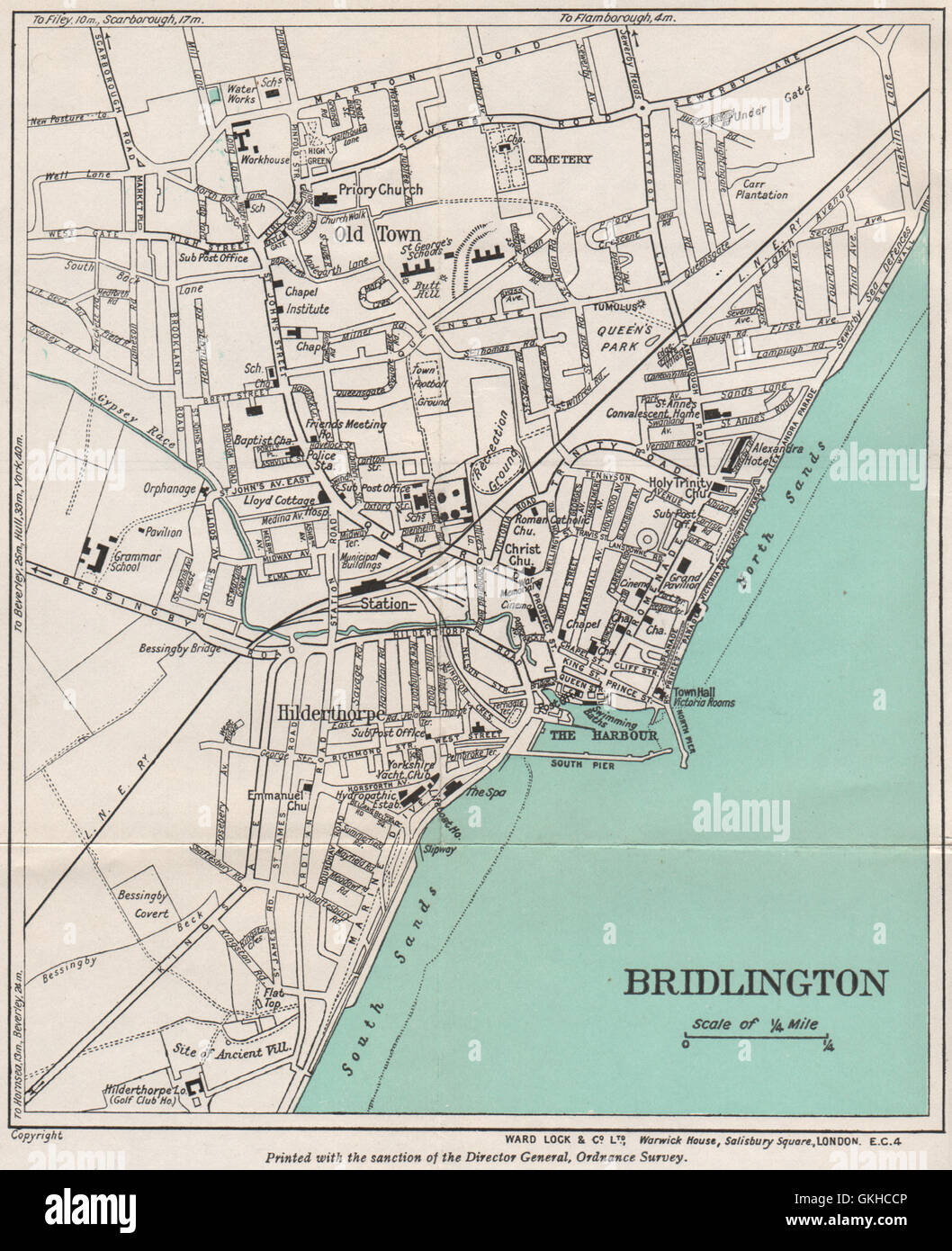 BRIDLINGTON vintage town/city plan. Yorkshire. WARD LOCK, 1940 vintage ...