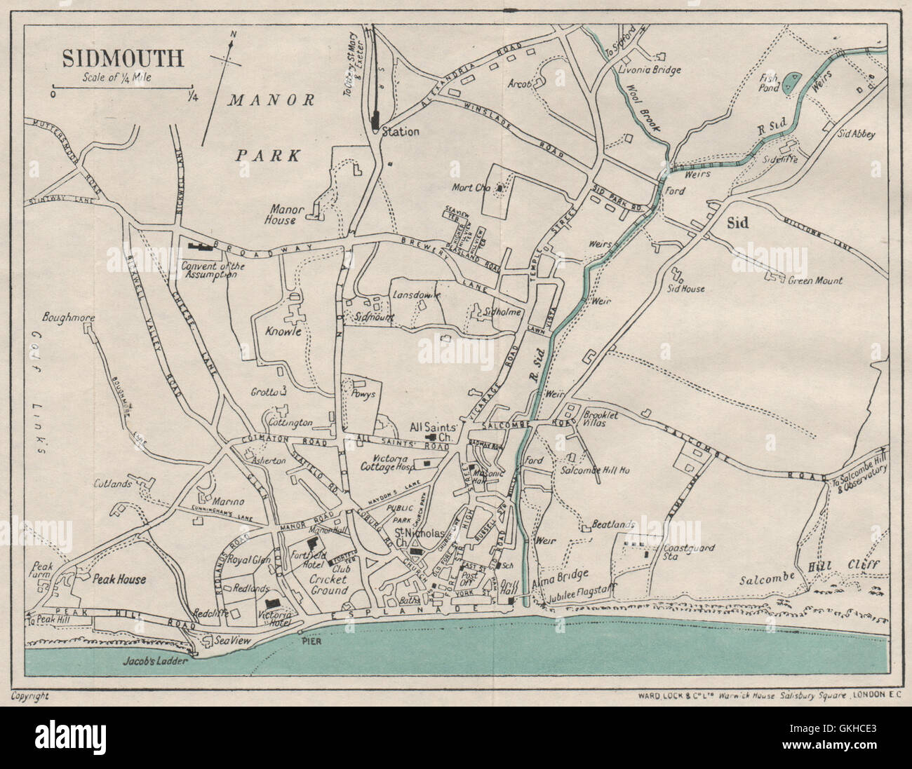 SIDMOUTH vintage town/city plan. Devon. WARD LOCK, 1929 vintage map ...