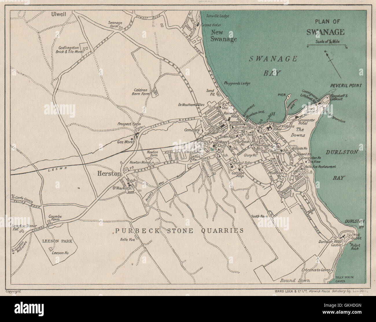 SWANAGE vintage town/city plan. Dorset. WARD LOCK, 1922 vintage map ...