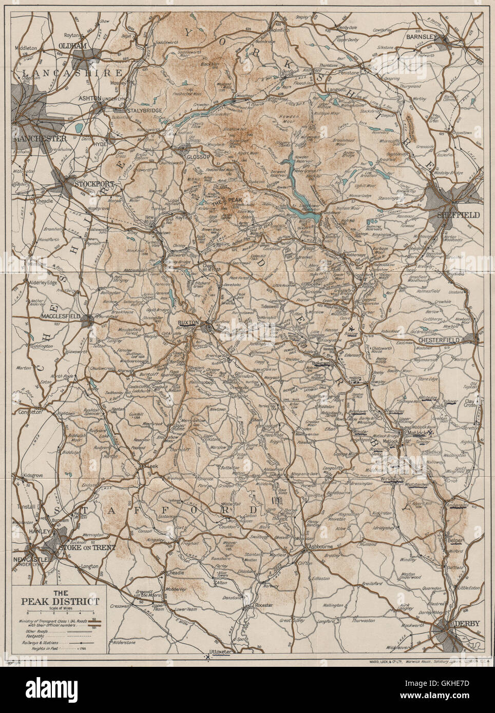THE PEAK DISTRICT. Derbyshire. WARD LOCK, 1939 vintage map Stock Photo ...