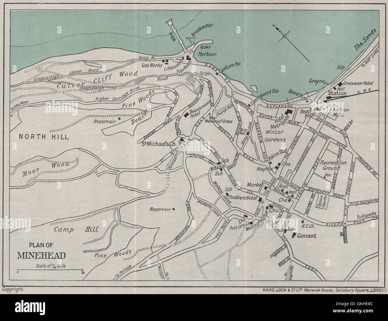 MINEHEAD vintage town/city plan. Somerset. WARD LOCK, 1934 vintage map ...