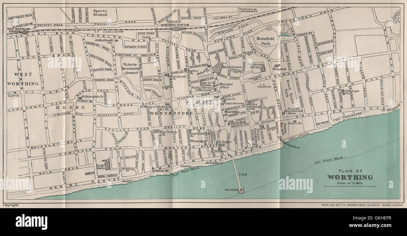 WORTHING vintage town/city plan. Sussex. WARD LOCK, 1933 vintage map ...