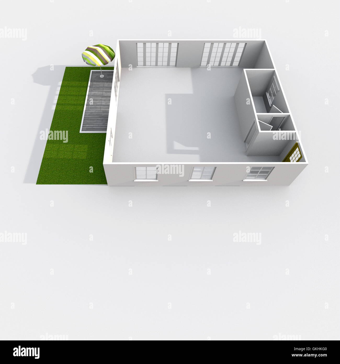 3d interior rendering perspective view of empty paper model home ...