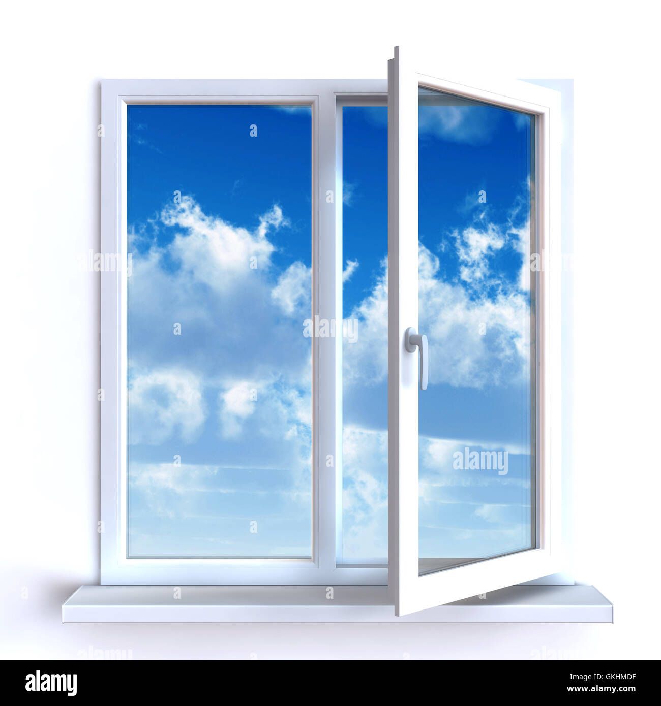 Open window against a white wall and the cloudy sky and sun Stock Photo ...