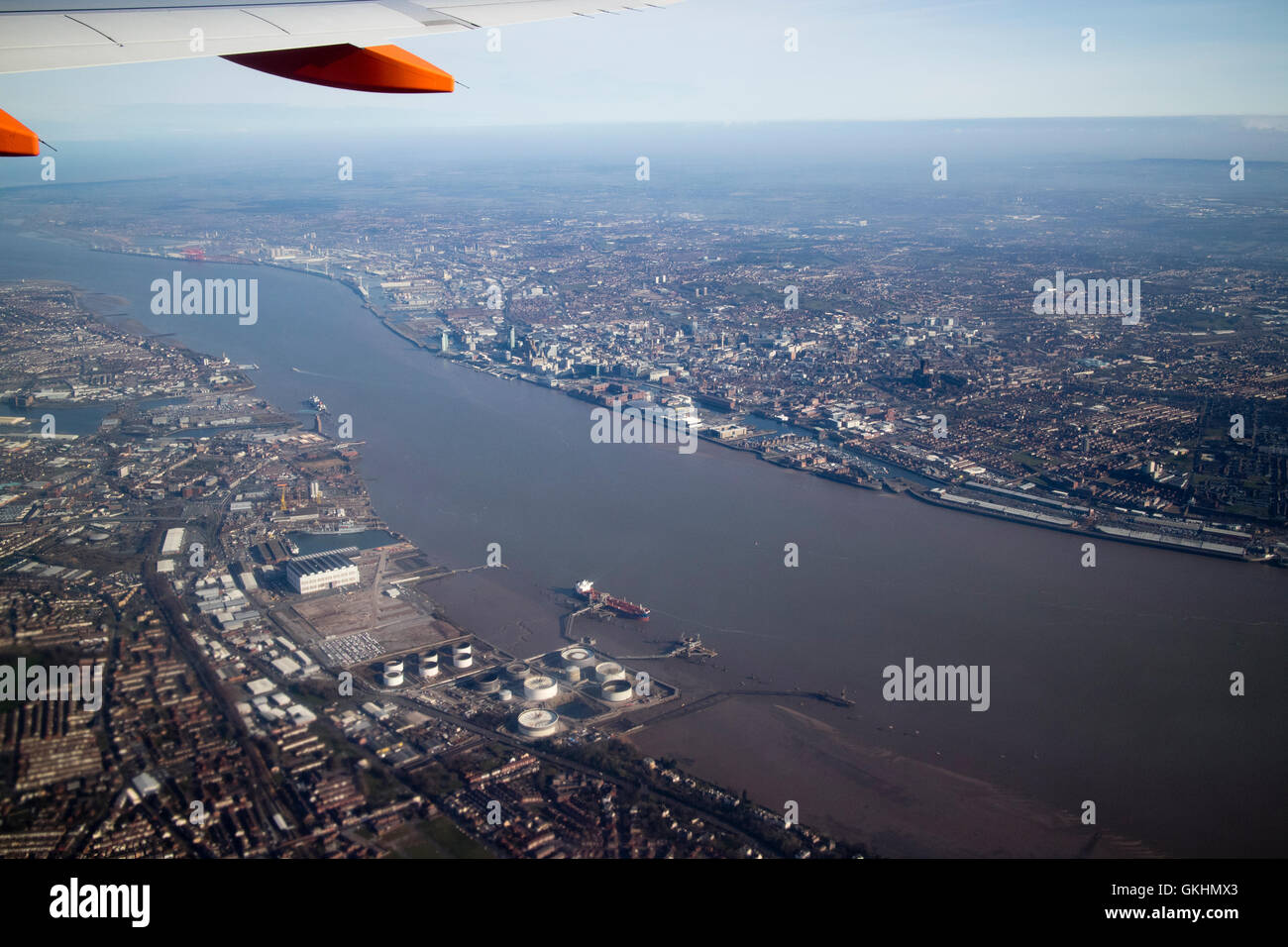 aerial view of easyjet aircraft flying over Liverpool and the river ...