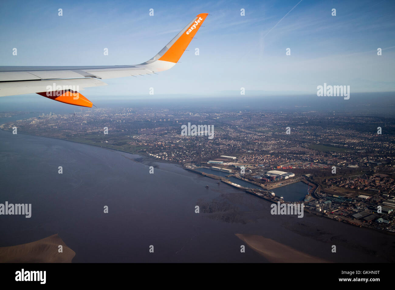 aerial view of easyjet aircraft flying over garston and speke Liverpool ...