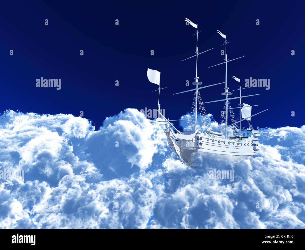 white ship soaring in cumulus clouds Stock Photo - Alamy