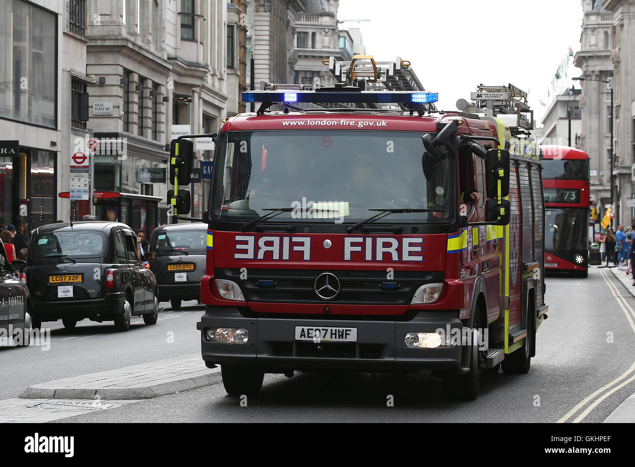 UK, London : A fire engine with blue flashing lights is pictured on ...