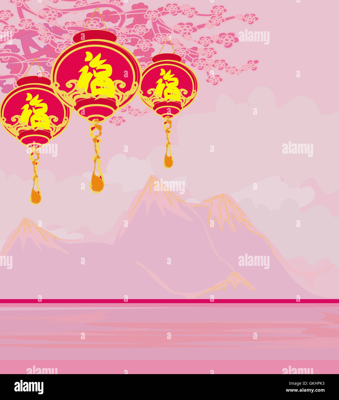 old paper with Asian Landscape and Chinese Lanterns - vintage japanese ...