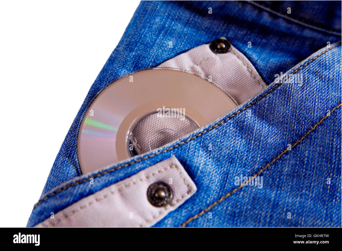 compact disk with modern music against fashionable blue jeans Stock ...