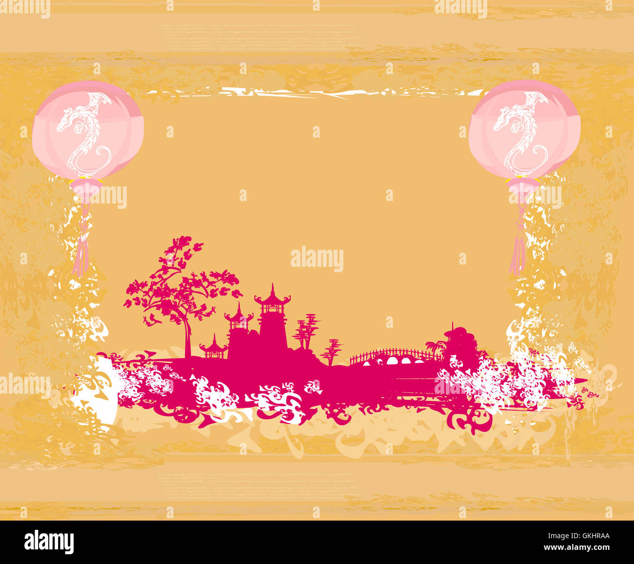 old paper with Asian Landscape and Chinese Lanterns - vintage japanese ...