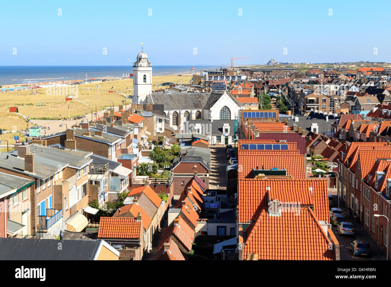 Aerial view on Andreas Church in Katwijk aan Zee, a seaside village situated on the North Sea ...