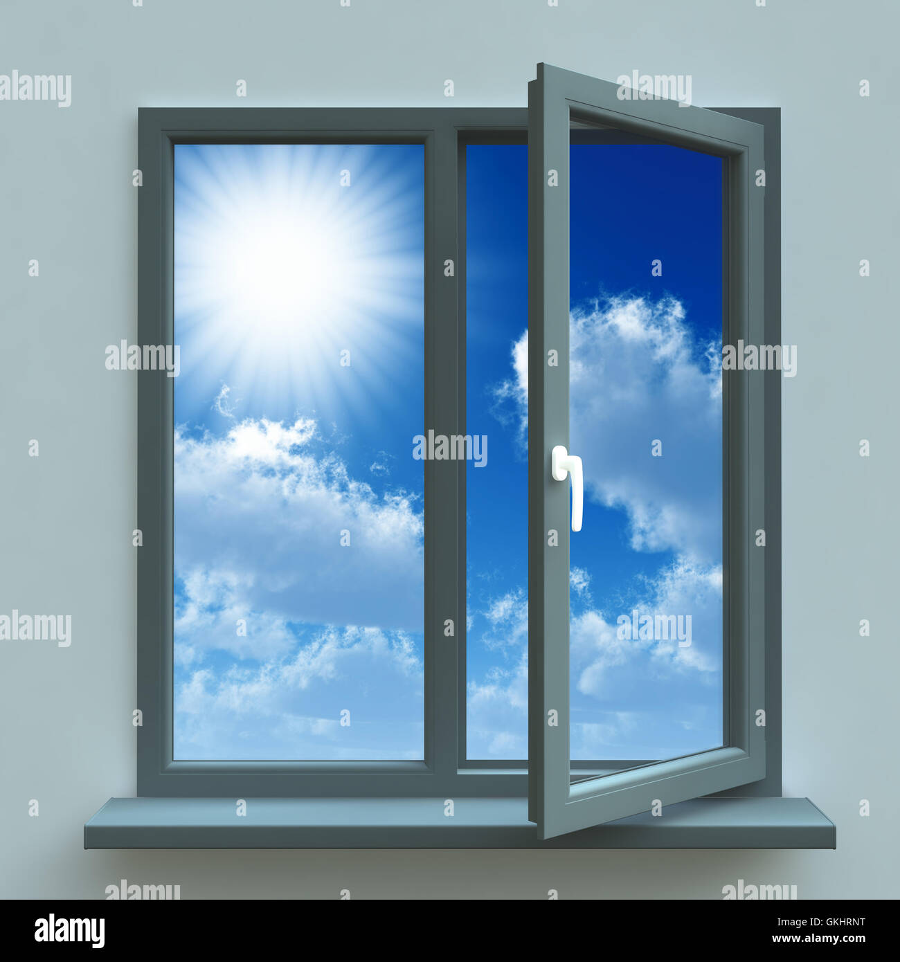 Open window against a blue wall and the cloudy sky and sun Stock Photo ...