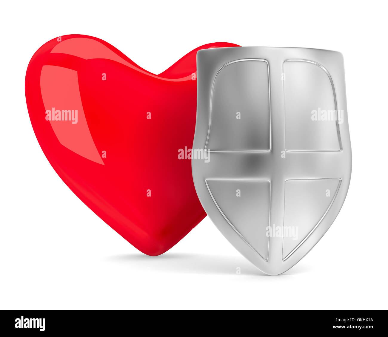 heart and shield on white. Isolated 3D image Stock Photo - Alamy