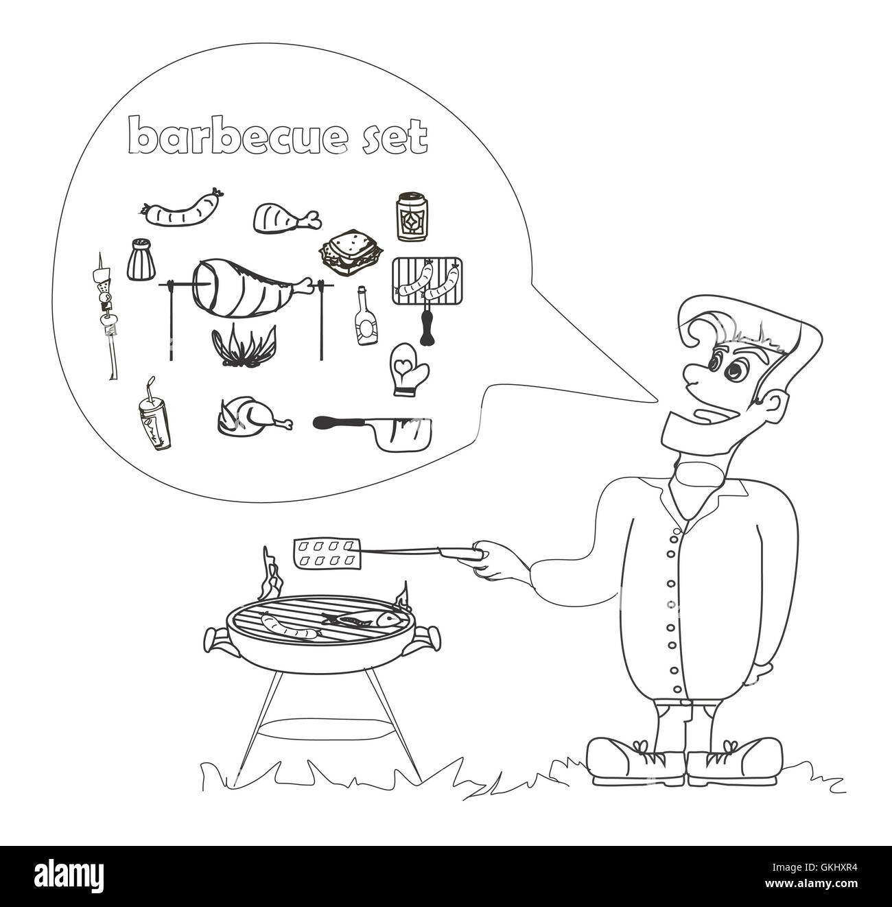 Cartoon Male dressed in grilling attire cooking meat.Barbecue icon ...
