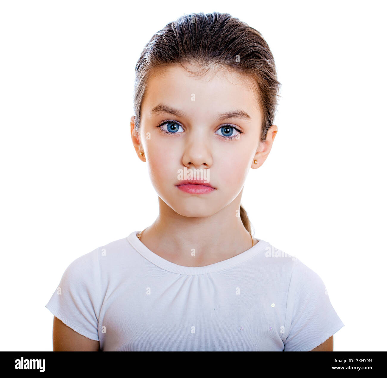 Sad little girl, isolated on white background Stock Photo - Alamy