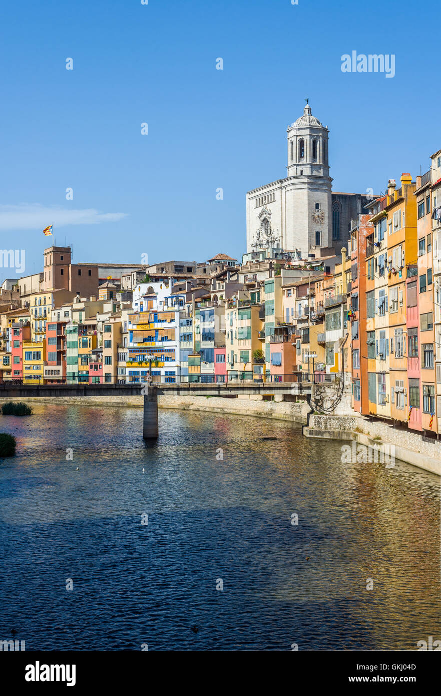 Onyar river crossing the downtown of Girona with Santa Maria cathedral ...