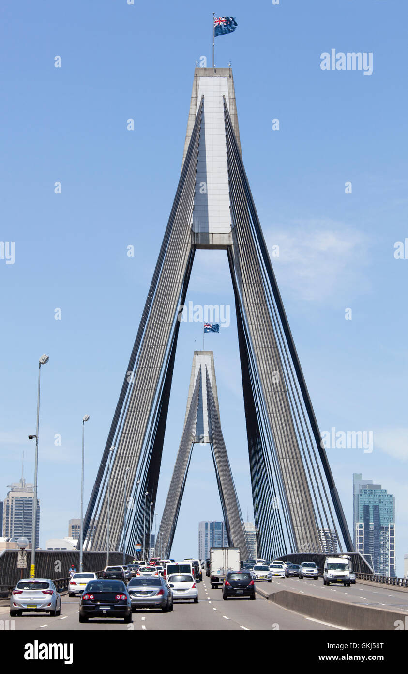 Anzac Bridge poles with Australia's and New Zealand's flags on a top ...
