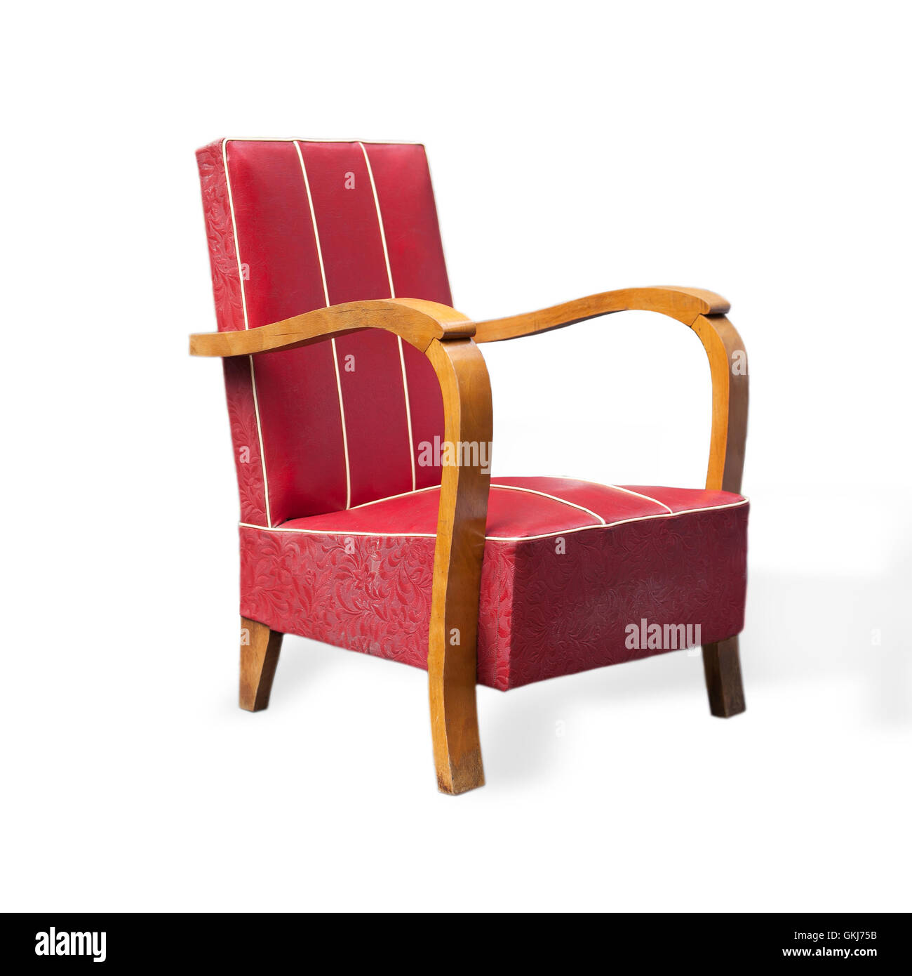 old Chinese red silk upholstered chair with isolated on white ...