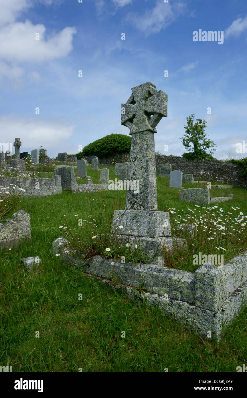 An old cemetery in Cornwall, UK, with a traditional grave with Celtic ...