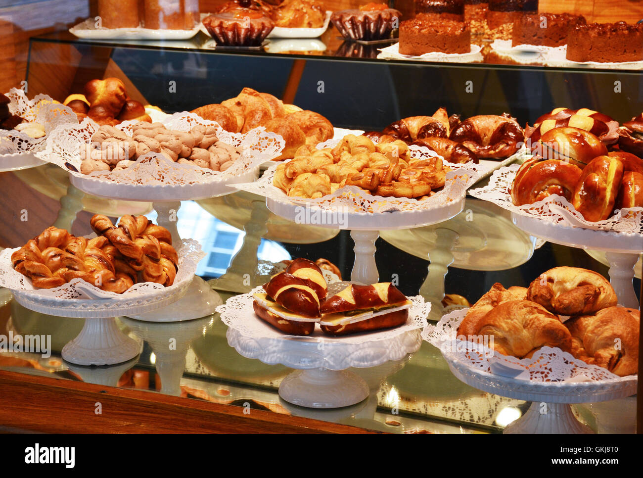 Bakery display case with baked goods at a local bakery. Bern ...