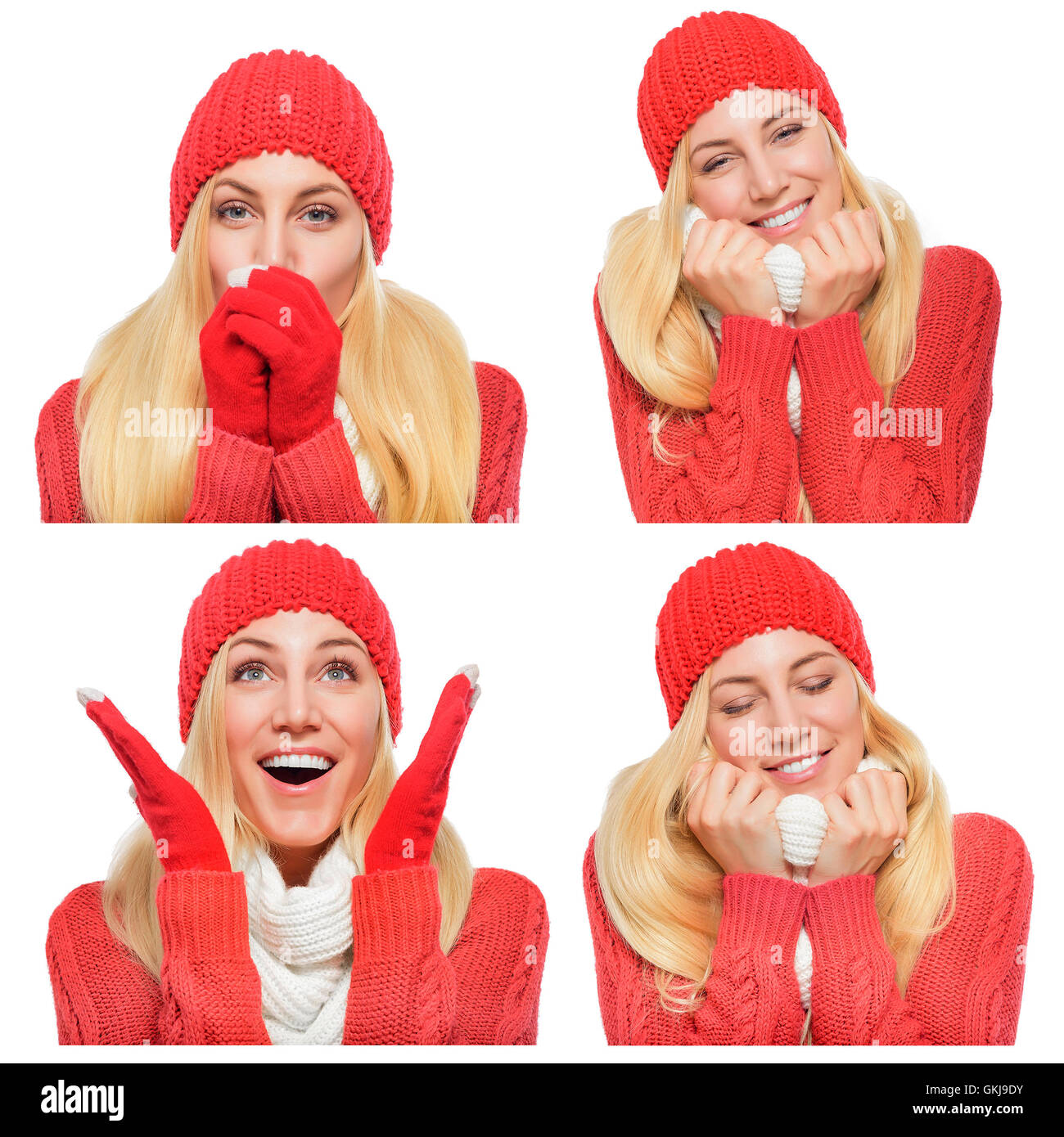 Set of images with beautiful blonde in red winter clothes. Isolated on ...