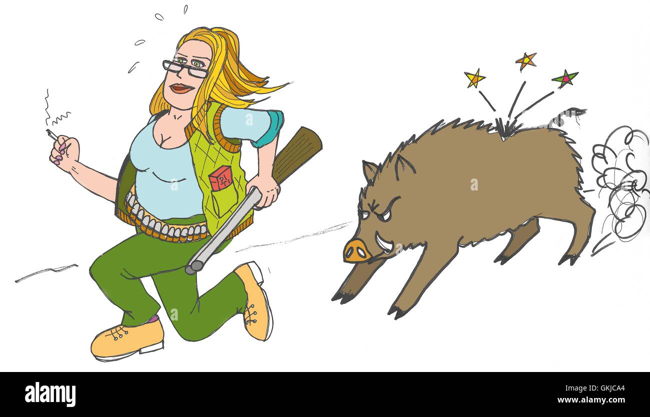 Woman hunter escaping from furious wild boar. Illustration Stock Photo ...