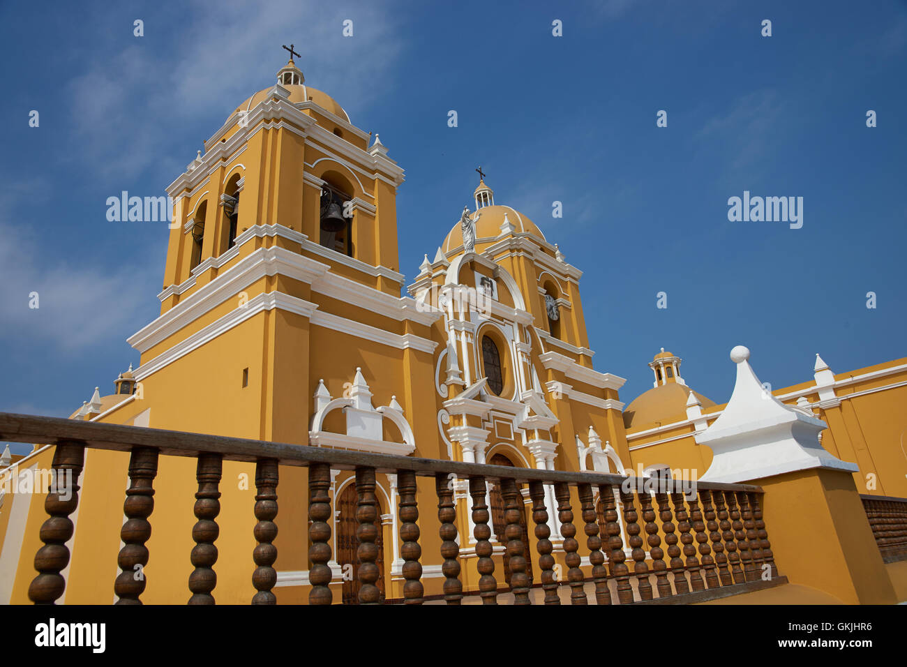 Bright yellow colonial style Cathedral in the Plaza de Armas of ...