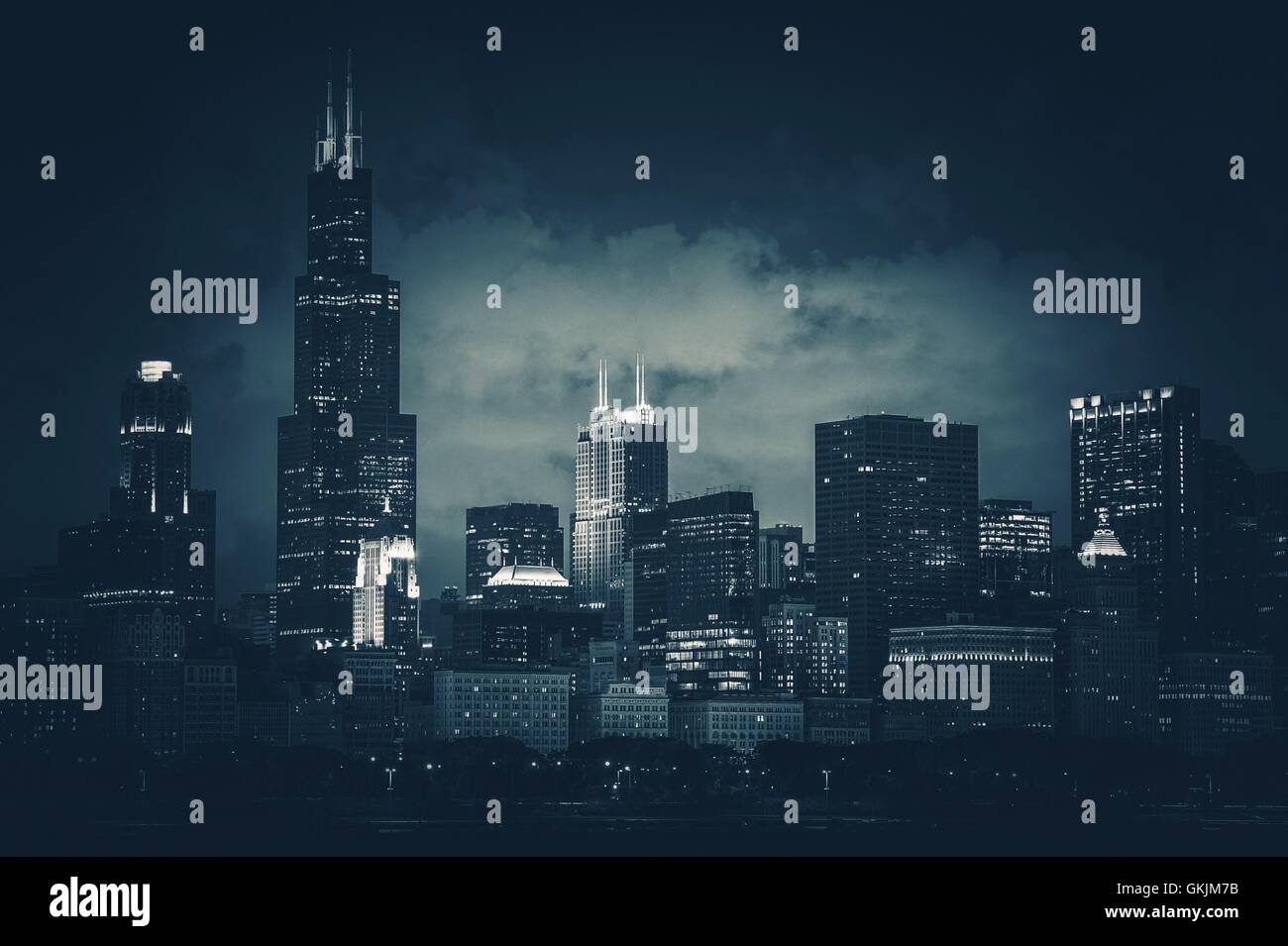 Chicago City Skyline Dark Blue Conceptual Color Grading. Chicago ...