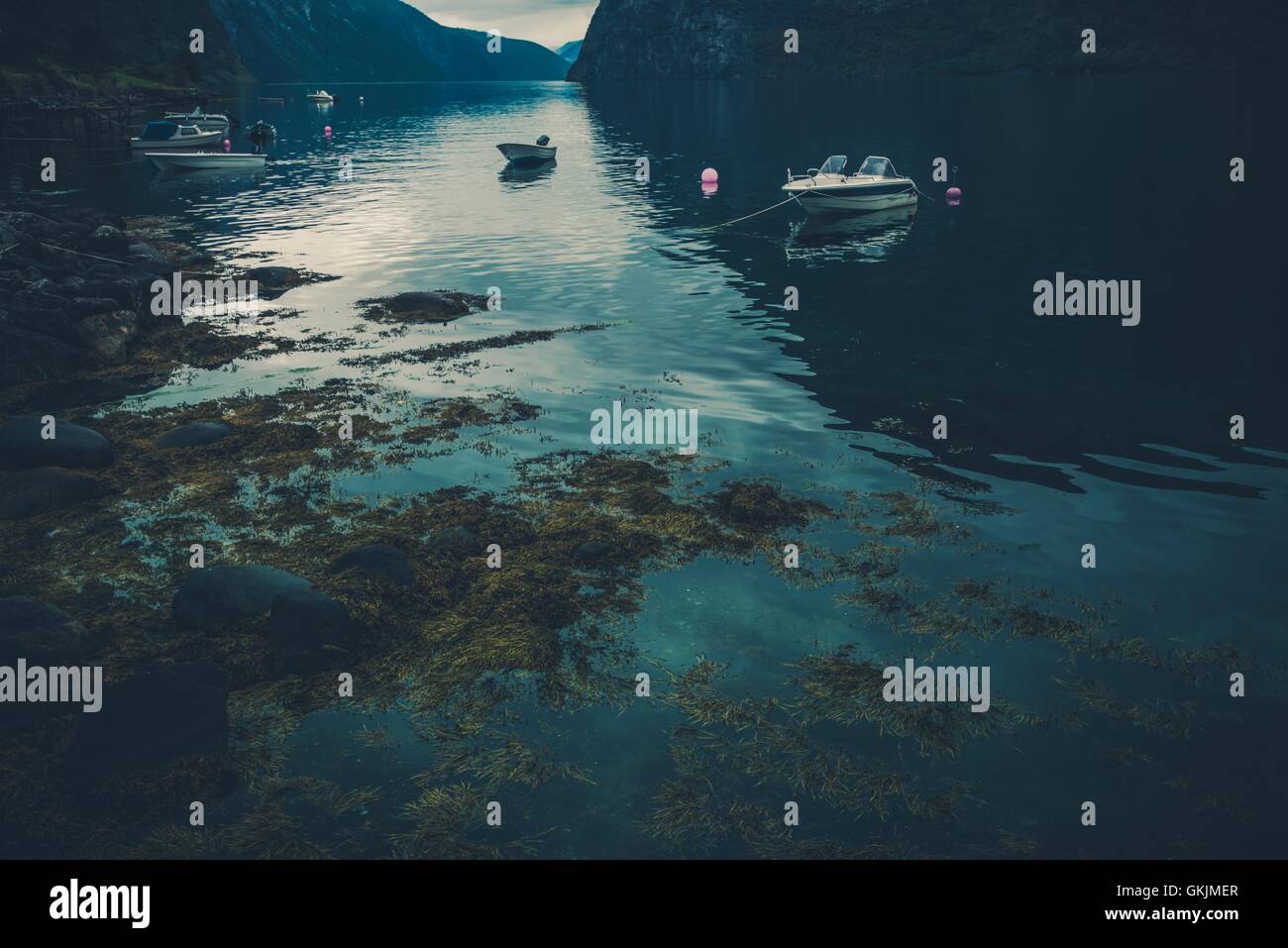 Fjord Reflections and the Norwegian Village Marina. Norway, Europe ...