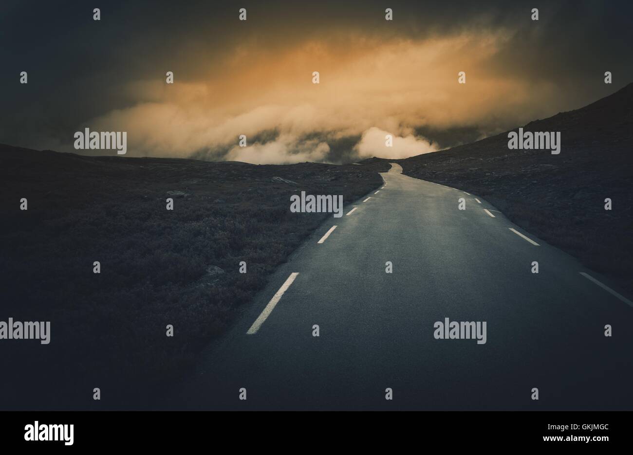 Uncertain Road Ahead. Dark and Cloudy Mountain Road Journey. Rocky ...