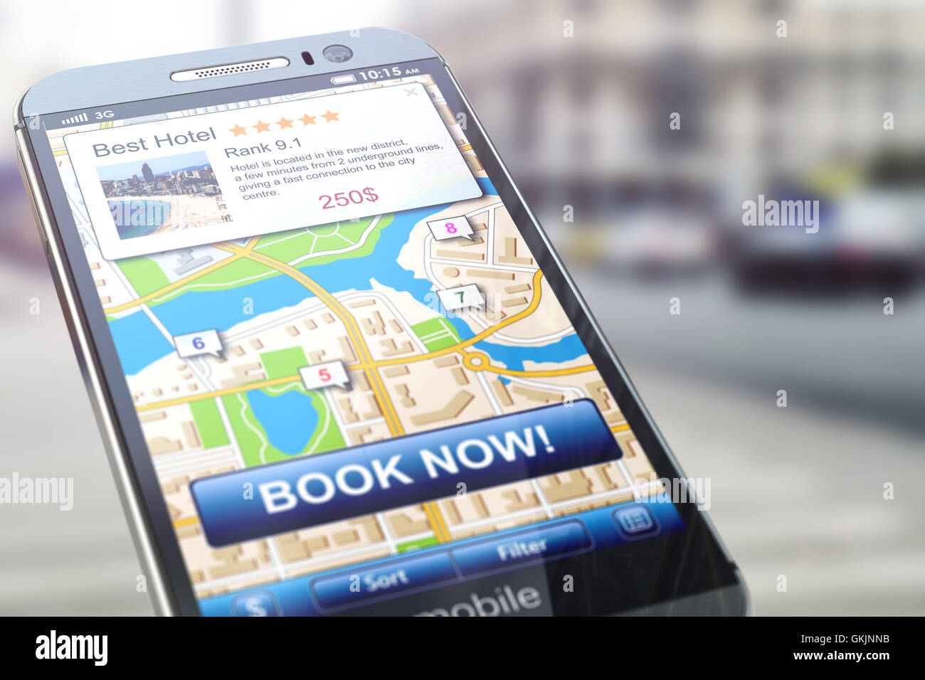 Booking hotel by smartphone. Mobile phone with map of the city and ...