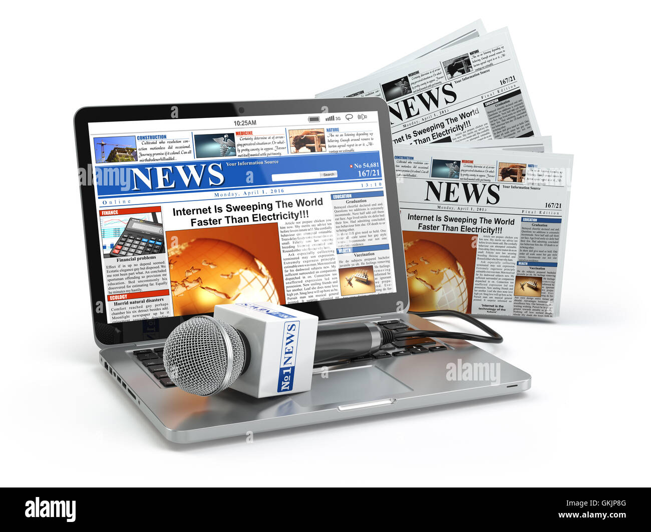 News concept. Laptop with microphone and newspaper isolated on white ...