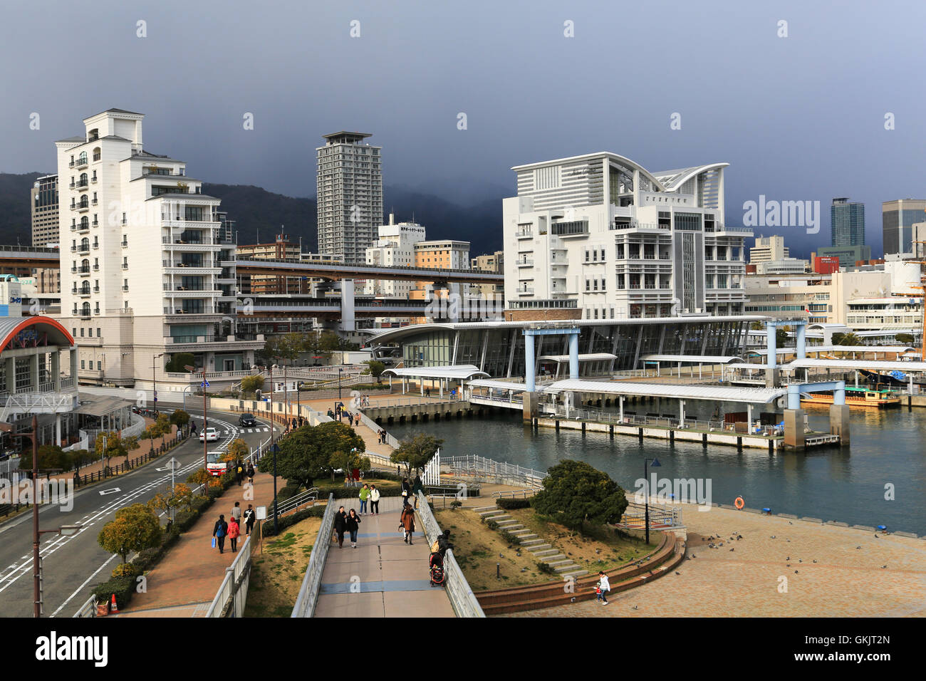 The picturesque waterfront promenade and buildings at Kobe, Japan Stock ...