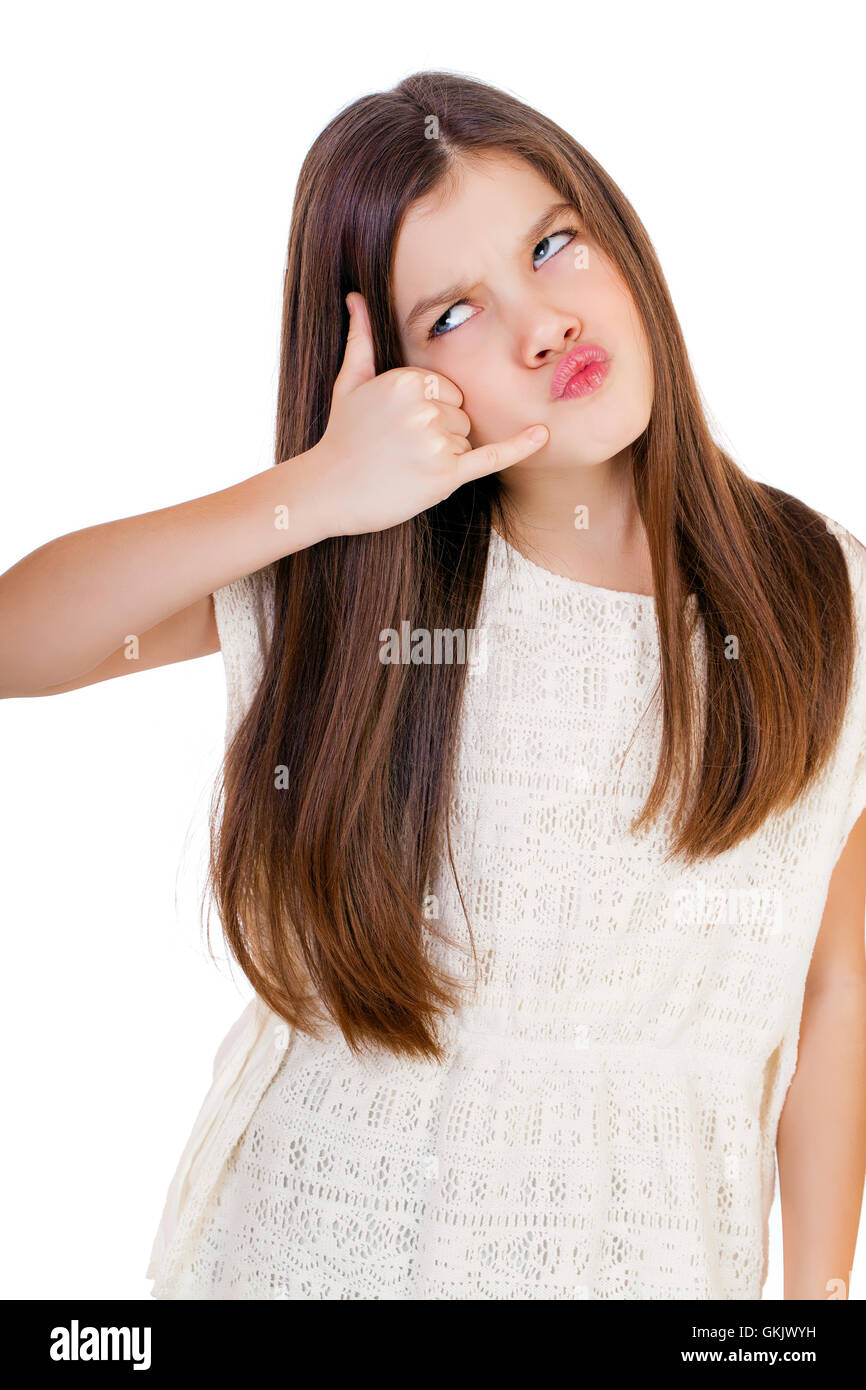 Little Girl making a call me gesture, against white background Stock ...