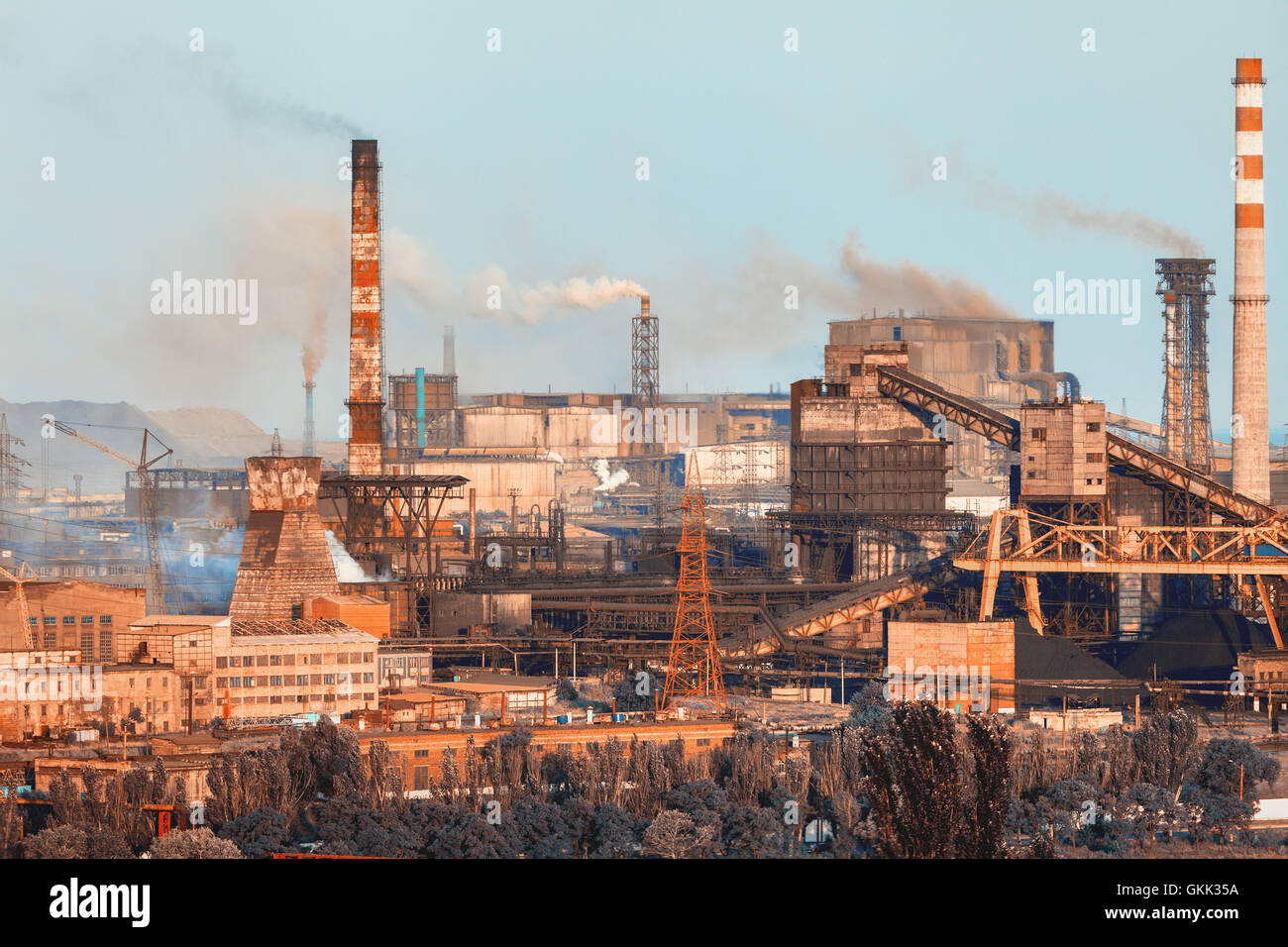 Metallurgical plant. Industrial landscape. Steel factory at sunset ...